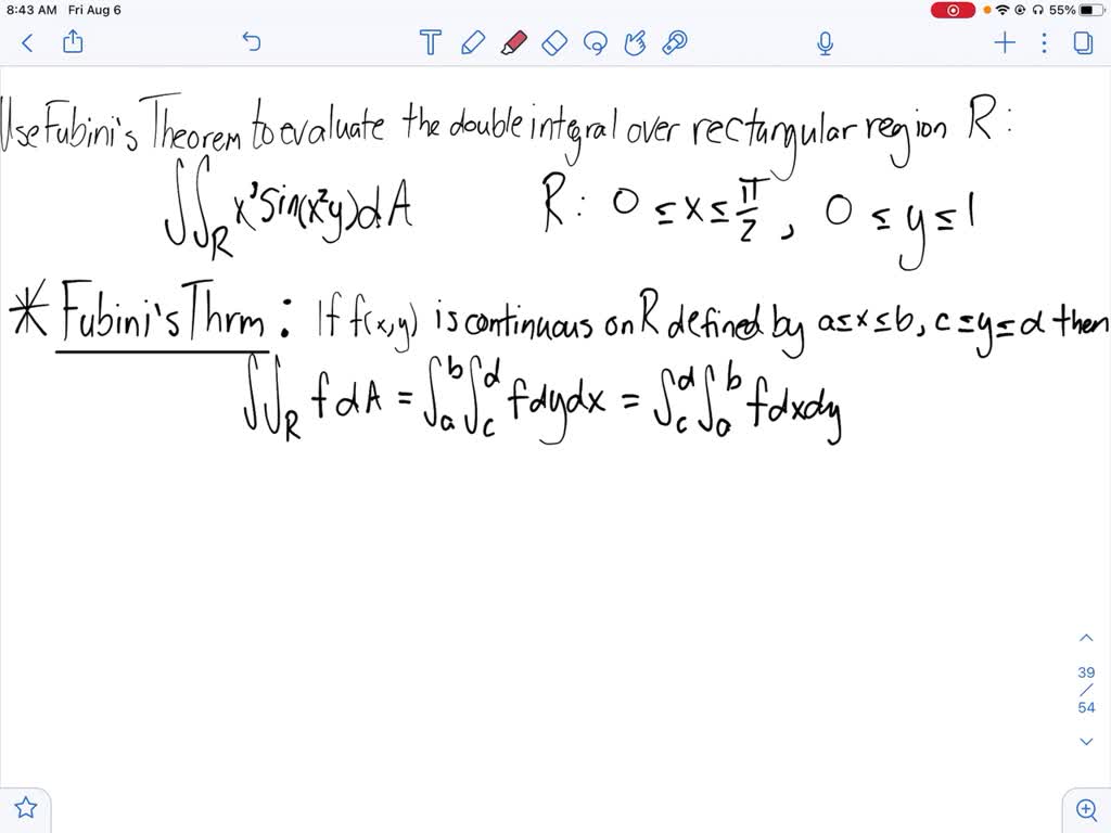 SOLVED:Use Fubini's Theorem to find each double integral over the given ...