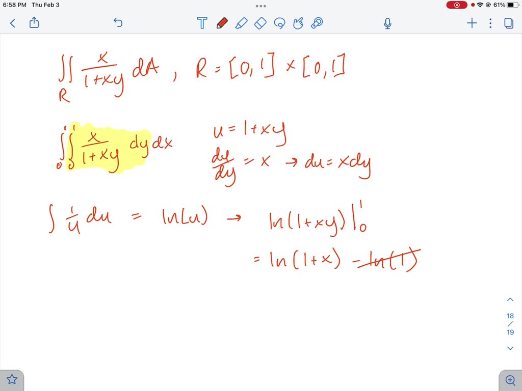 SOLVED:Calculate the double integral. ∬x (x)/(x^2+y^2) d A, R=[1,2] ×[0,1]
