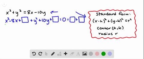 SOLVED:Rewrite each equation in the standard form for the equation of a circle, and identify its ...