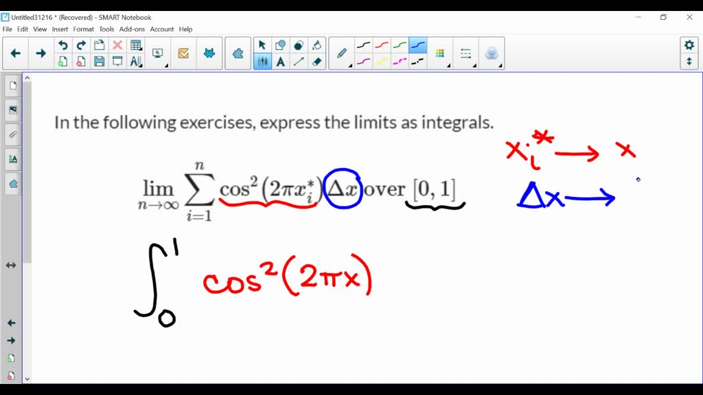 SOLVED:In the following exercises, express the limits as integrals. limn →∞ ∑i=1^n cos^2(2 πxi ...