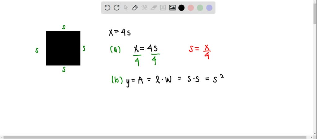 SOLVED:The perimeter x of a square with sides of length s is given by ...
