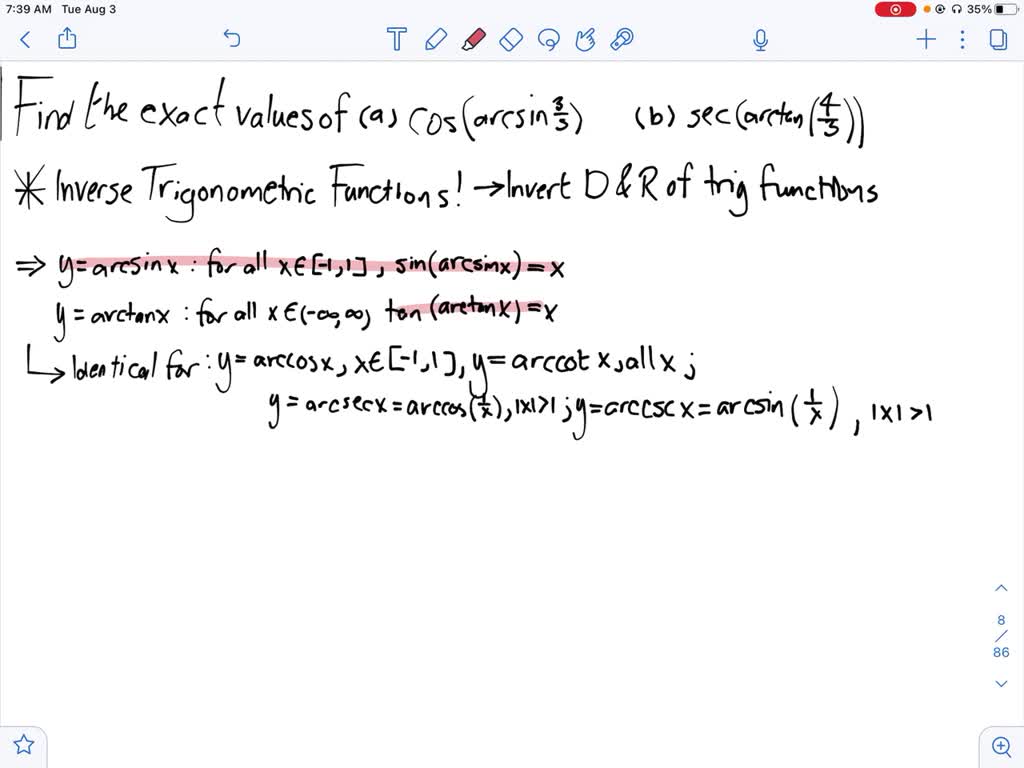 SOLVED Determine The Exact Value a Cos arcsin 3 5 b Sec