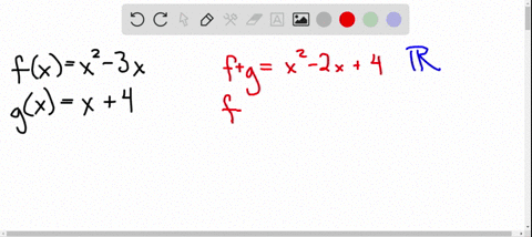 SOLVED:For each pair of functions f and g given, determine the sum, difference, product, and ...
