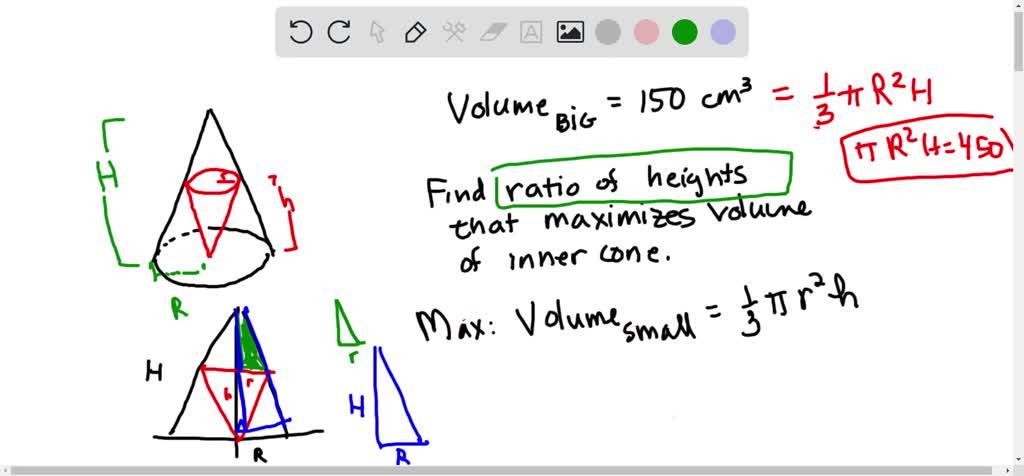 Cone in a cone A right circular cone is inscribed inside a larger right ...