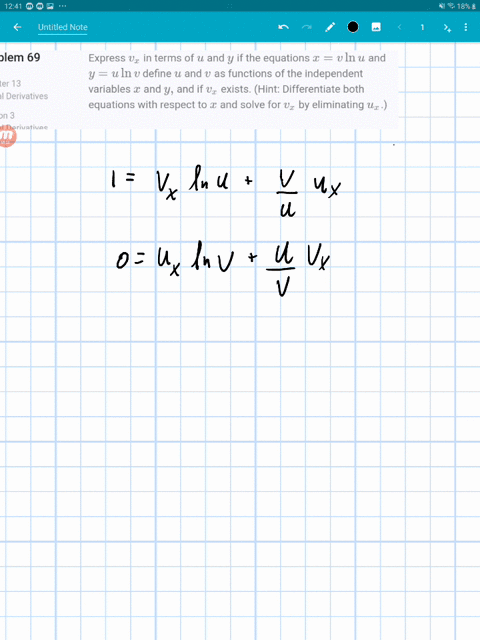 SOLVED: Express vx in terms of u and y if the equations x=v lnu and y=u ...