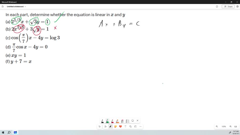 In each part, determine whether the equation is linear in x and y (a) 2 ... In each part, determine whether the equation is linear in x and y (a) 2 ...