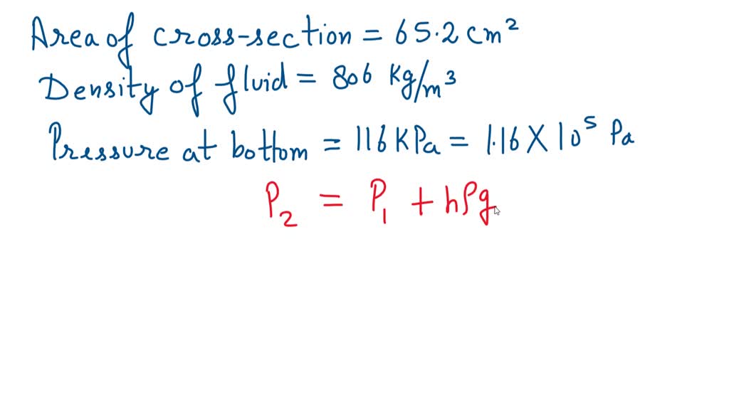 A cylindrical container with a cross-sectional area of 65.2 cm^2 holds a fluid of density 806 kg ...
