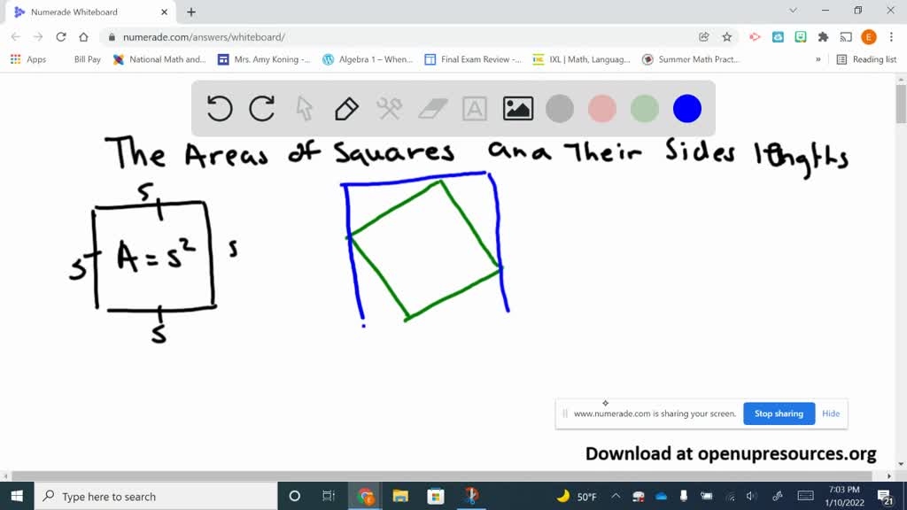 The areas of squares are given in the following table. Determine the ...