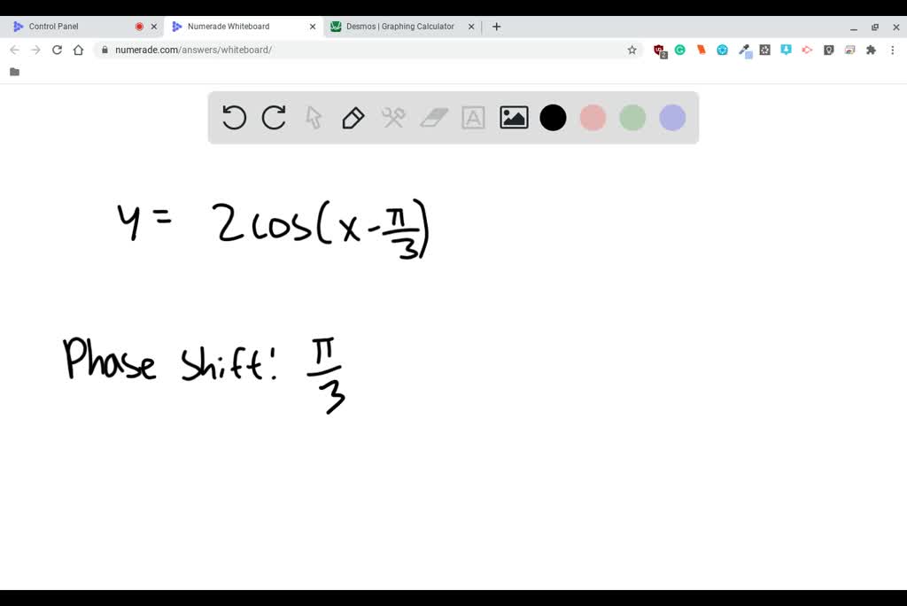 SOLVED:Graph each function over a two-period interval. State the phase shift. y=2 cos(x-(π)/(3))