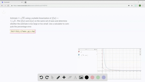 SOLVED:Estimate 1/ √(15) using a suitable linearization of f(x)= 1/ √(x) . Plot f and L on the ...