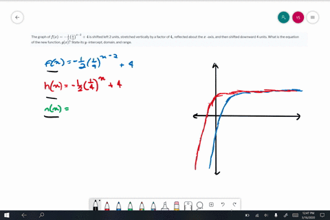 SOLVED:The graph of f(x)=(1.68)^x is shifted right 3 units, stretched by a factor of 2 ...