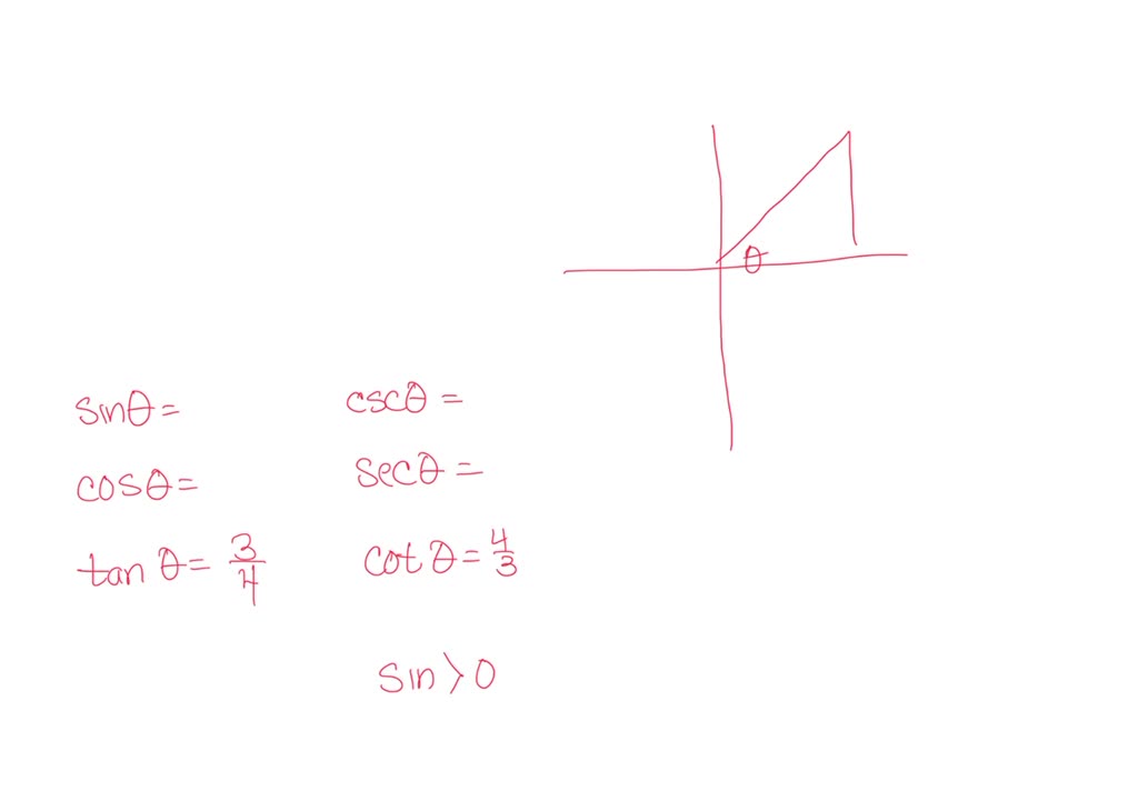 SOLVED:Find the remaining five trigonometric functions of θ. See Example 1. cotθ=(4)/(3), sinθ>0