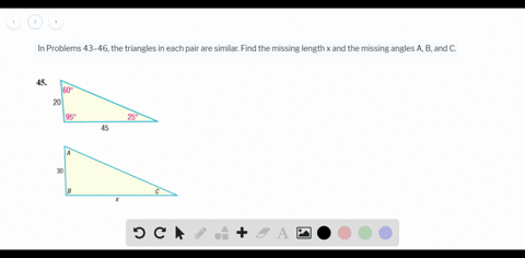 SOLVED:In Problems 43–46, the triangles in each pair are similar. Find the missing length x and ...