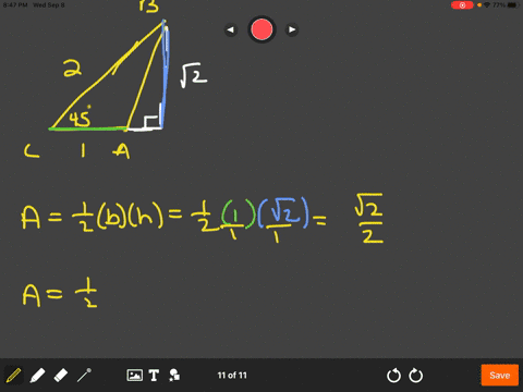 SOLVED:Find the area of each triangle using the formula 𝒜=(1)/(2) b h ...