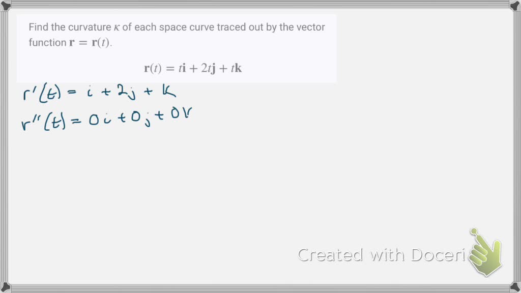 SOLVED:Find the curvature κof each space curve traced out by the vector function 𝐫=𝐫(t). 𝐫(t)=t ...