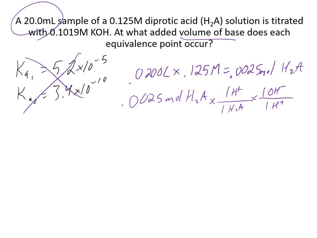 SOLVED:A 20.0 mL sample of a 0.125 M diprotic acid (H2 A) solution is titrated with 0.1019 M KOH ...