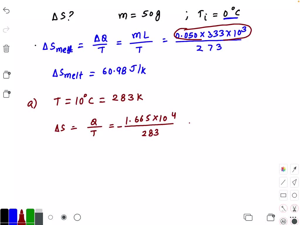 SOLVED:Find the net entropy change when a 50-g ice cube initially at 0 ...