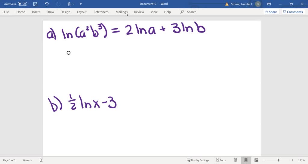 SOLVED:Use the rules of logs to express (a) ln(a^2 b^3) in terms of lna ...