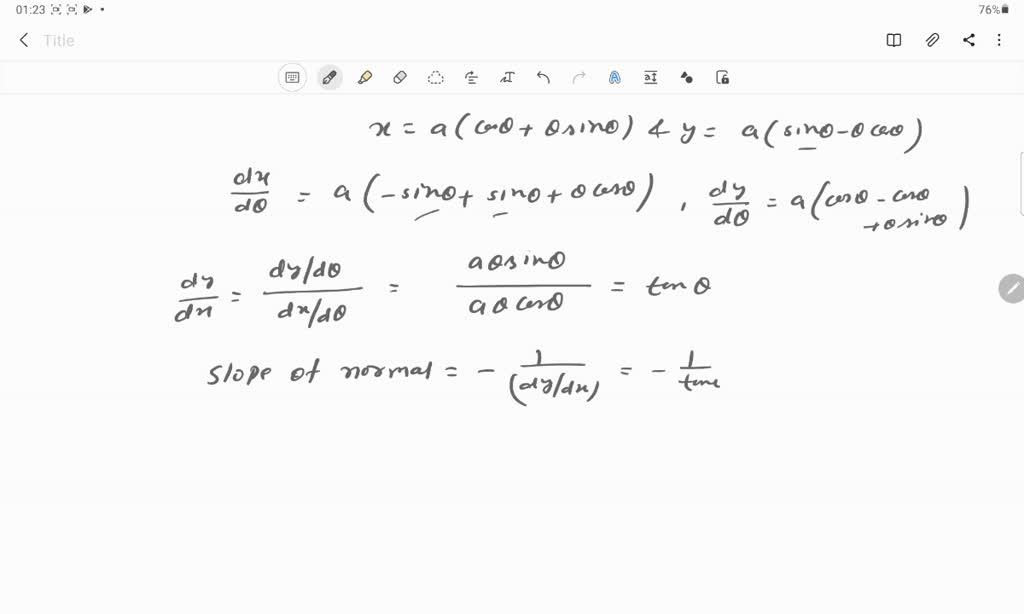 The normal to the curve x=a(cosθ+θsinθ), y= a(sinθ-θcosθ) at any point ...