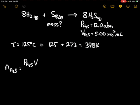 SOLVED: The reaction 8 H2(g)+S8(l) 8 H2 S(g) is run at 125^∘ C and a ...