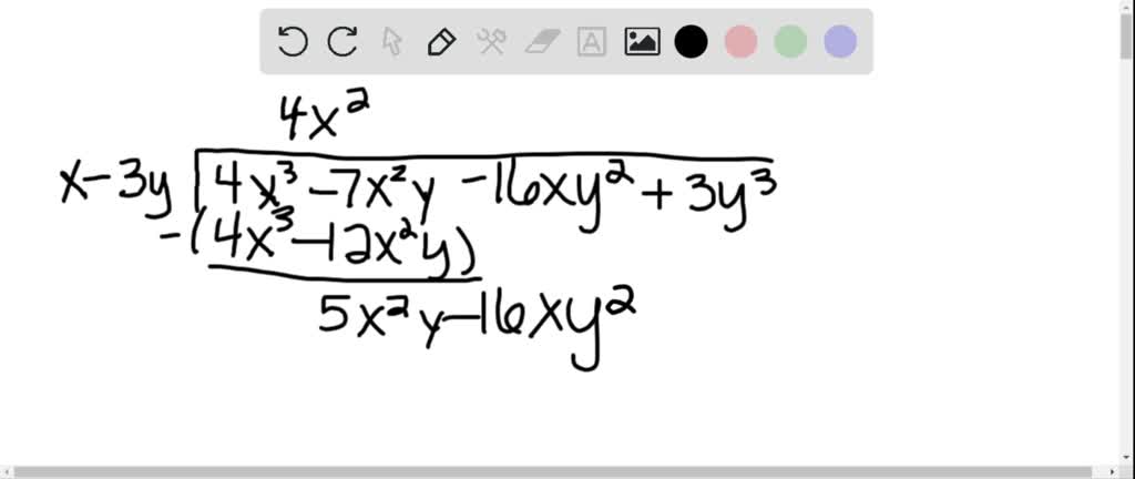 Divide as indicated. (4 x^3-7 x^2 y-16 x y^2+3 y^3)/(x-3 y) | Numerade