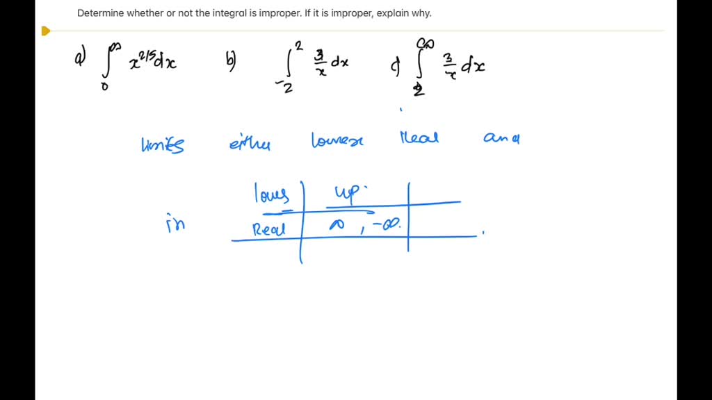 SOLVED:Determine whether or not the integral is improper. If it is improper, explain why. (a ...