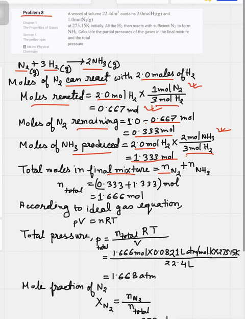 A vessel of volume 22.4 dm^3 contains 2.0 mol H2(g) and 1.0 mol N2(g) at 273.15 K initially. All ...