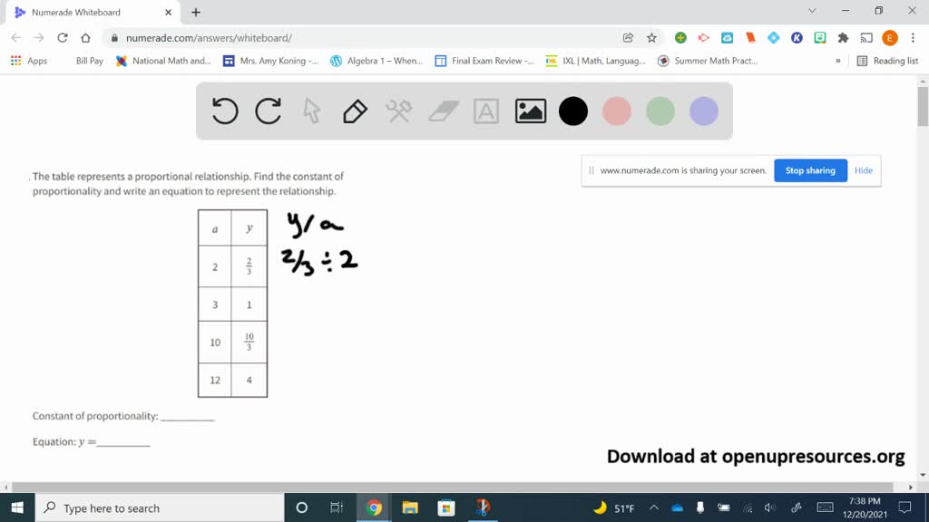 The table represents a proportional relationship. Find the constant of ...