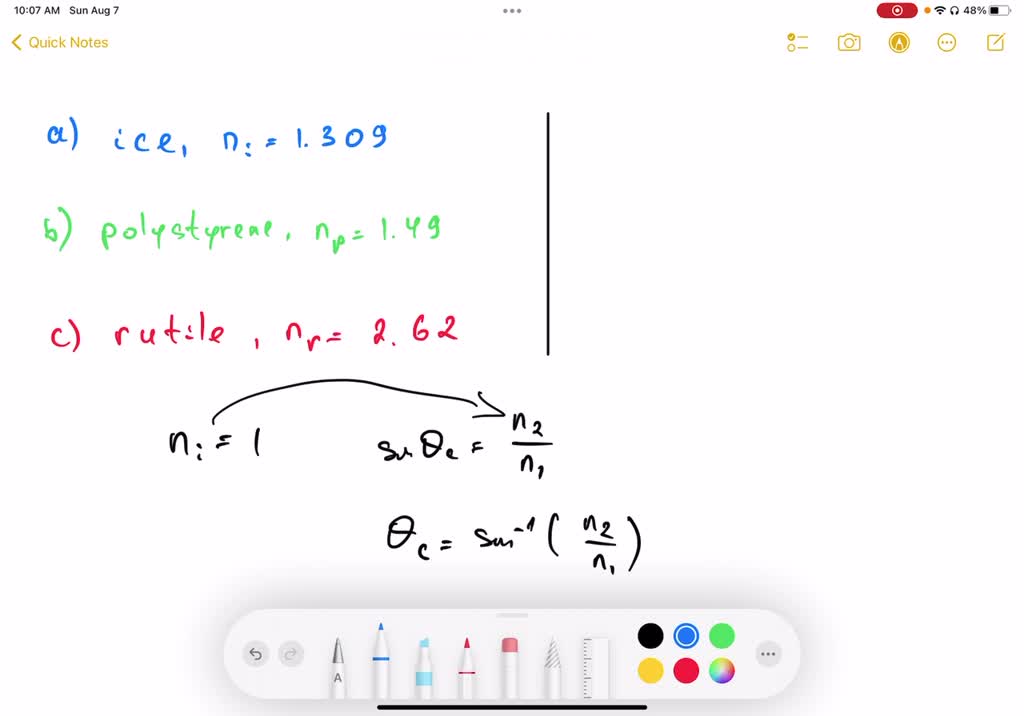 SOLVED:Find the critical angle for total internal reflection in (a) ice ...