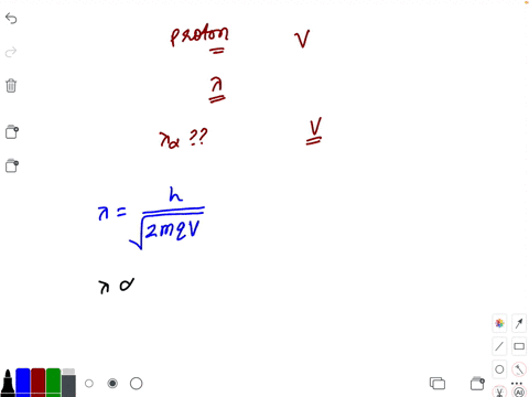 A proton accelerated through a potential V has de Broglie wavelength λ. Then the de-Broglie ...