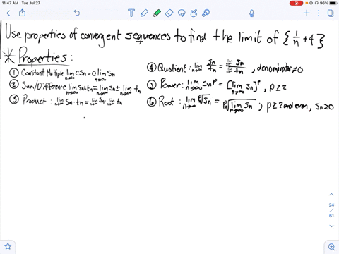 SOLVED:Use properties of convergent sequences to find the limit of each sequence. {(1)/(n)+4}