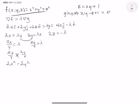 SOLVED:Minimum distance to the origin Find the point on the surface z=x y+1 nearest the origin.