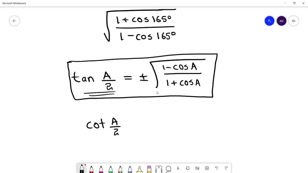 SOLVED:Simplify each expression. \sqrt{\frac{1+\cos 165^{\circ}}{1-\cos ...