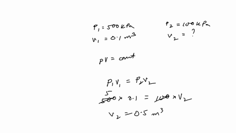 A gas expands from an initial state where p1=500 kPa and V1=0.1 m^3 to a final state where p2 ...