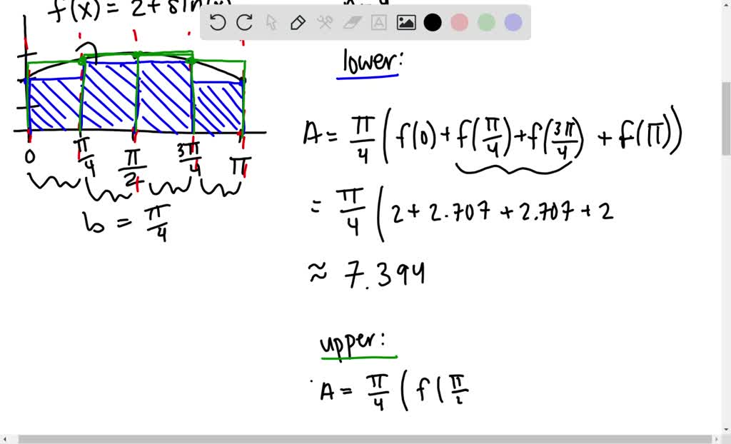 Evaluate the upper and lower sums for f(x)=2+sinx 0 ⩽x ⩽π, with n=2,4 ...