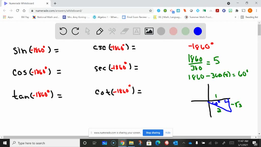 SOLVED:Find exact values of the six trigonometric functions of each angle. Rationalize ...