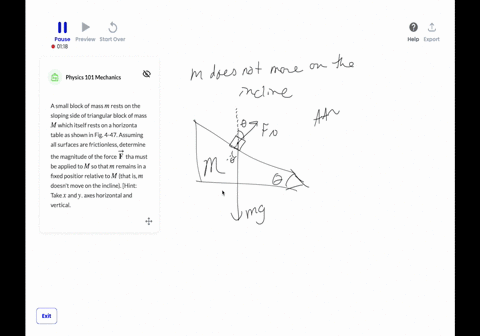 SOLVED:A small block of mass m rests on the sloping side of triangular block of mass M which ...