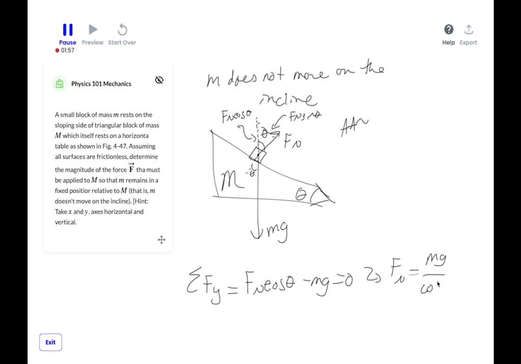 A small block of mass m rests on the sloping side of triangular block of mass M which itself ...