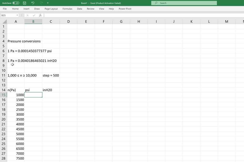 Using Excel, create a table that shows the relationship among the units of pressure in Pa , psi ...