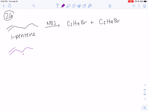 When 1-pentene reacts with N -bromosuccinimide (NBS), rwo...