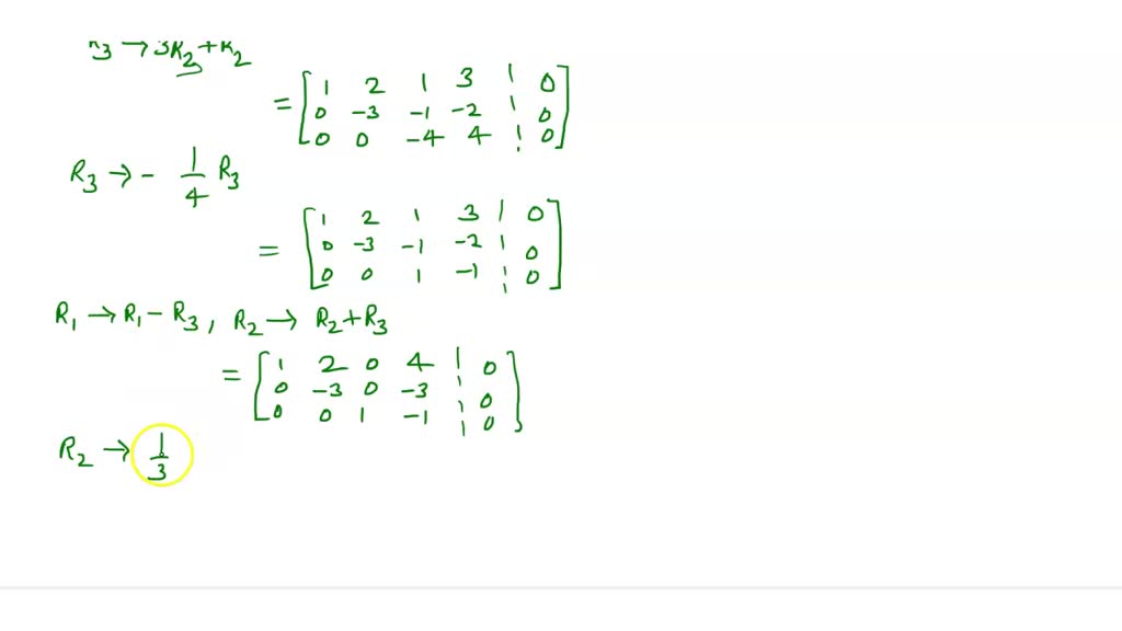 SOLVED:Solve the matrix equation A x=0 A=[ 1 2 1 3 1 -1 0 1 0 1 -1 2 ...