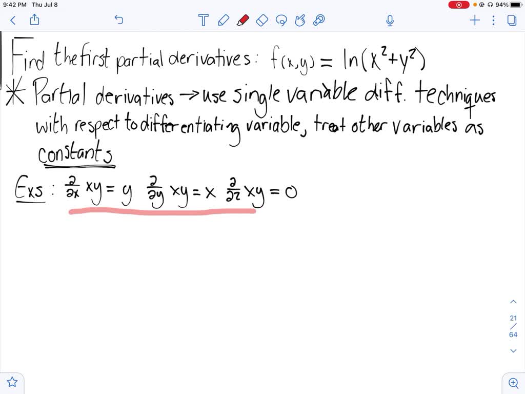 SOLVED:Find both first partial derivatives. z=ln(x^2+y^2)
