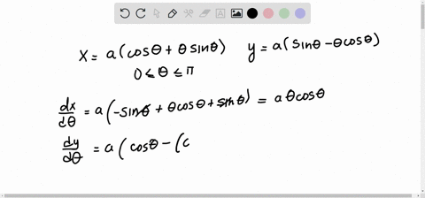 SOLVED:Find the exact length of the curve. x=a(cosθ+θsinθ), y=a(sinθ-θcosθ) 0 ⩽θ⩽π