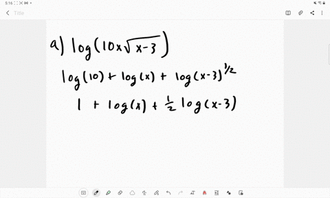 SOLVED:Expand the logarithm in terms of sums, differences, and ...