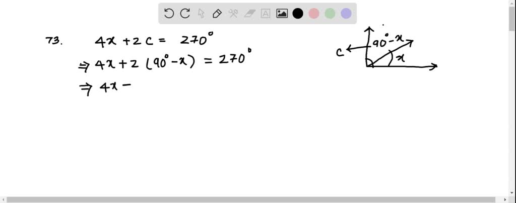 SOLVED:Write an equation and solve. The sum of four times an angle and twice its complement is ...