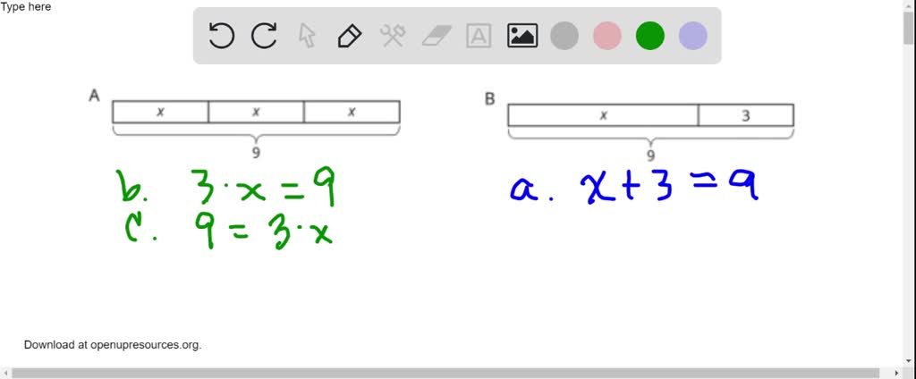 SOLVED:Match each equation to one of the two tape diagrams. a. x+3=9 b ...