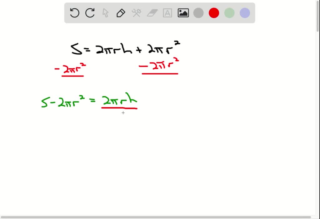 SOLVED:Surface area of a right circular cylinder S=2 πr h+2 πr^2 Solve ...