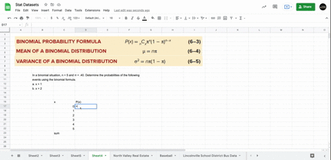In a binomial situation, n=5 and π=.40 . Determine the probabilities of ...