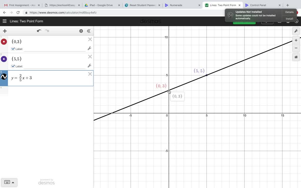 SOLVED:A y -intercept of (0,3) and slope (2)/(5)