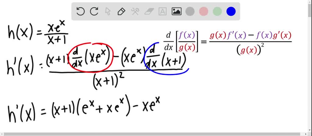 SOLVED:Derivatives Find and simplify the derivative of the following functions. h(x)=(x e^x)/(x+1)